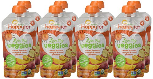 Happy Tot Organics Stage 4 Baby Food Pouches, Gluten Free, Vegan Snack, Love My Veggies, Fruit & Veggie Puree, Carrot, Banana, Mango & Sweet Potato, 4.22 Ounce (Pack of 8)