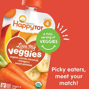 Happy Tot Organics Stage 4 Baby Food Pouches, Gluten Free, Vegan Snack, Love My Veggies, Fruit & Veggie Puree, Carrot, Banana, Mango & Sweet Potato, 4.22 Ounce (Pack of 8)