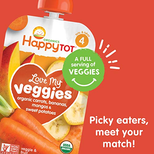 Happy Tot Organics Stage 4 Baby Food Pouches, Gluten Free, Vegan Snack, Love My Veggies, Fruit & Veggie Puree, Carrot, Banana, Mango & Sweet Potato, 4.22 Ounce (Pack of 8)