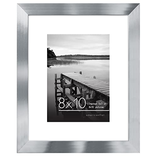 Americanflat 8x10 Picture Frame in Silver - Displays 5x7 with Mat and 8x10 Frame Without Mat - Composite Wood with Polished Glass - Horizontal and Vertical Formats for Wall and Tabletop