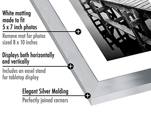 Americanflat 8x10 Picture Frame in Silver - Displays 5x7 with Mat and 8x10 Frame Without Mat - Composite Wood with Polished Glass - Horizontal and Vertical Formats for Wall and Tabletop