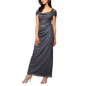 alex evenings women's long cold shoulder dress (petite and regular sizes), smoke glitter, 12