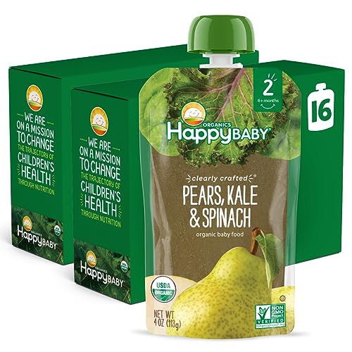 Happy Baby Organics Stage 2 Baby Food Pouches, Gluten Free, Vegan & Healthy Snack, Clearly Crafted Fruit & Veggie Puree, Pears, Kale & Spinach, 4 Ounces (Pack of 16)