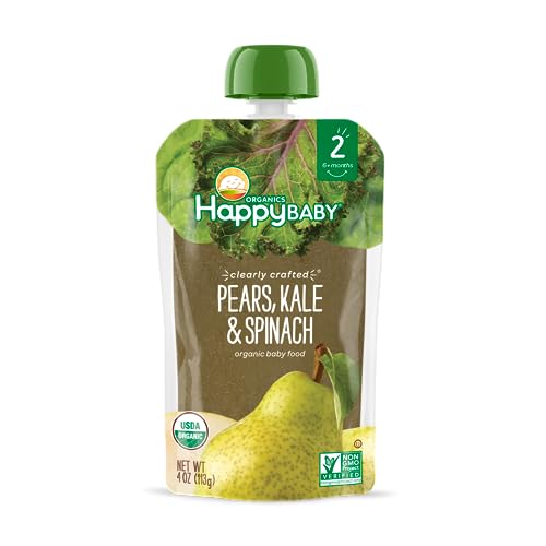 Happy Baby Organics Stage 2 Baby Food Pouches, Gluten Free, Vegan & Healthy Snack, Clearly Crafted Fruit & Veggie Puree, Pears, Kale & Spinach, 4 Ounces (Pack of 16)