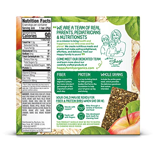 Happy Tot Organics Fiber & Protein Soft-Baked Oat Bars Toddler Snack Apple & Spinach, 0.88 Ounce Bars, 5 Count Box (Pack of 6) (Packaging May Vary)