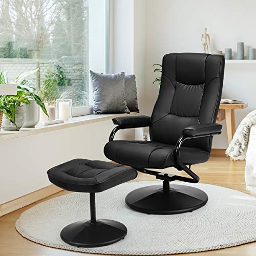 Giantex Recliner Chair w/Ottoman, 360 Degree Swivel PU Leather Armchair w/Footrest, Leisure Lounge Chair w/Leather Wrapped Base, for Home Living Room, Black