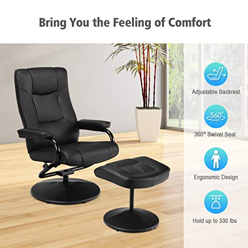 Giantex Recliner Chair w/Ottoman, 360 Degree Swivel PU Leather Armchair w/Footrest, Leisure Lounge Chair w/Leather Wrapped Base, for Home Living Room, Black