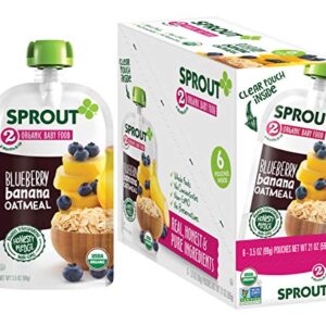 Sprout Organic Baby Food, Stage 2 Pouches, Fruit Veggie & Grain Blend, Blueberry Banana Oatmeal, 3.5 Oz Purees (Pack of 6)