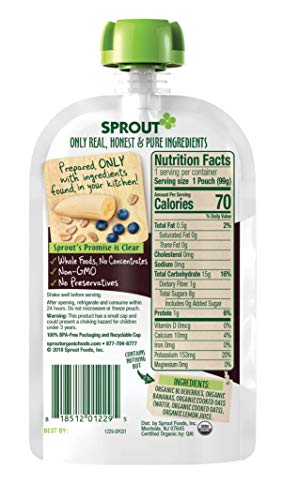 Sprout Organic Baby Food, Stage 2 Pouches, Fruit Veggie & Grain Blend, Blueberry Banana Oatmeal, 3.5 Oz Purees (Pack of 6)