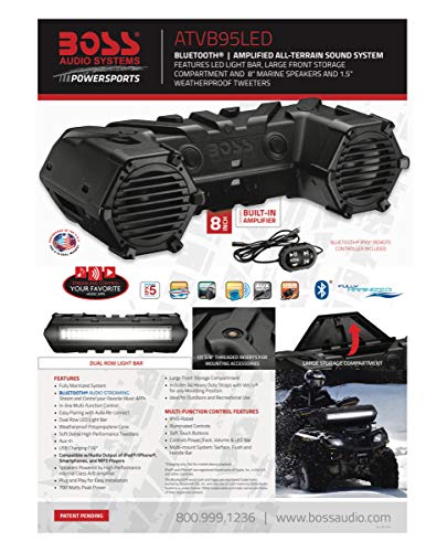 BOSS Audio Systems ATVB95LED UTV ATV Speakers - Weatherproof, ATV Soundbar, 8 Inch Speakers, 1.5 Inch Tweeters, Amplified, Wired Remote for Bluetooth Connectivity, LED Light Bar, Storage Compartment