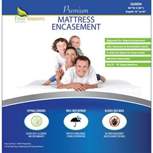 four seasons essentials queen mattress protector - zippered bedbug waterproof mattress cover, premium quality hypoallergenic bed encasement