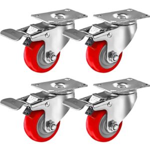 online best service 4 pack caster wheels swivel plate on red polyurethane wheels (3 inch with brake)