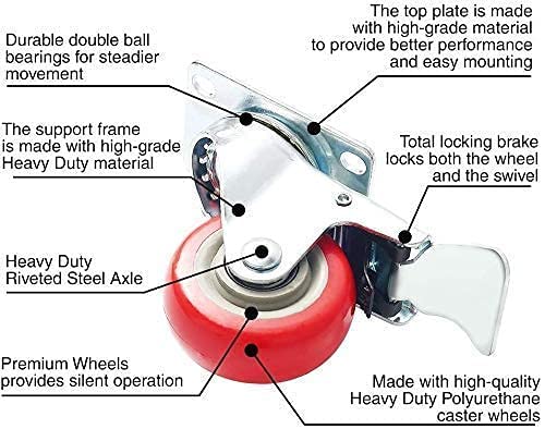 Online Best Service 4 Pack Caster Wheels Swivel Plate On Red Polyurethane Wheels (3 inch with Brake)