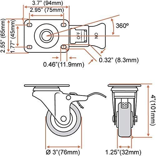 Online Best Service 4 Pack Caster Wheels Swivel Plate On Red Polyurethane Wheels (3 inch with Brake)