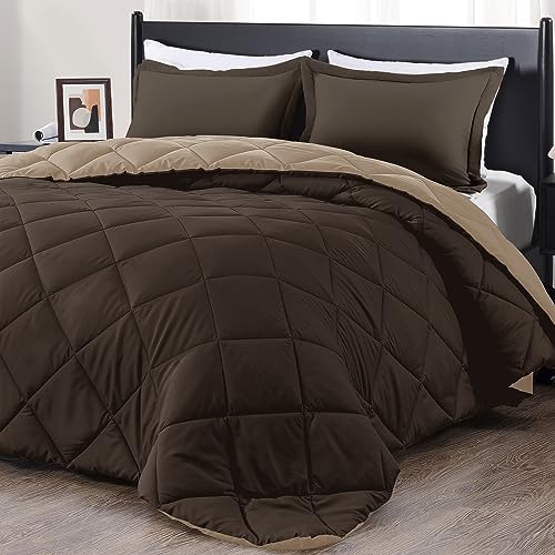 downluxe King Size Comforter Set - Brown and Tan King Comforter, Soft Bedding Comforter Sets for All Seasons, King Comforter Set - 3 Pieces - 1 Comforter (104"x92") and 2 Pillow Shams(20"x36")