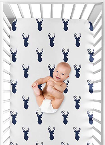 Sweet Jojo Designs Fitted Crib Sheet for Navy and White Woodland Deer Baby/Toddler Bedding Set Collection - Deer Print