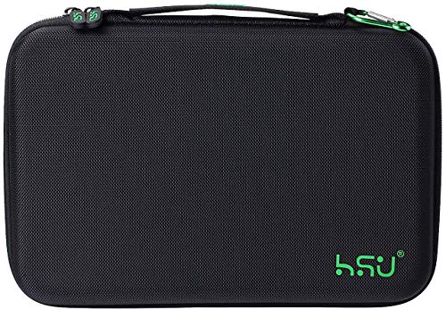 HSU Large Carrying Case for GoPro Hero(2018), Hero 11, 10, 9, 8, 7 Black,HERO6,5,4, LCD, Black, 3+, 3, 2 and Accessories with Carry Handle and Carabiner Loop - Portable and Shock(Green Logo)