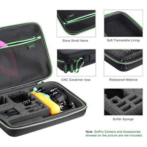 HSU Large Carrying Case for GoPro Hero(2018), Hero 11, 10, 9, 8, 7 Black,HERO6,5,4, LCD, Black, 3+, 3, 2 and Accessories with Carry Handle and Carabiner Loop - Portable and Shock(Green Logo)