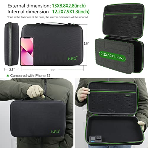 HSU Large Carrying Case for GoPro Hero(2018), Hero 11, 10, 9, 8, 7 Black,HERO6,5,4, LCD, Black, 3+, 3, 2 and Accessories with Carry Handle and Carabiner Loop - Portable and Shock(Green Logo)