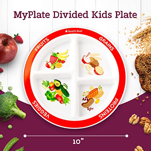 Health Beet Choose MyPlate Portion Plate for Kids, (4 pack) Toddlers - Kids Nutrition Plates with Dividers from