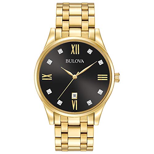 Bulova Men's Classic Gold Tone Stainless Steel 3-Hand Date Quartz Watch with Black Diamond Dial Style: 97D108