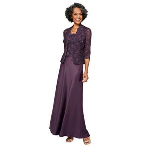 alex evenings women's long mock jacket dress with satin skirt, eggplant, 16