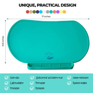 Food Catching Baby Placemat with Non-Slip, Premium Quality, Food Grade Silicone for Max Hygiene, Unique Raised Edge, Spill Proof Accident Tray, Lightweight and Portable, 6 Colors (Bashful Blue)