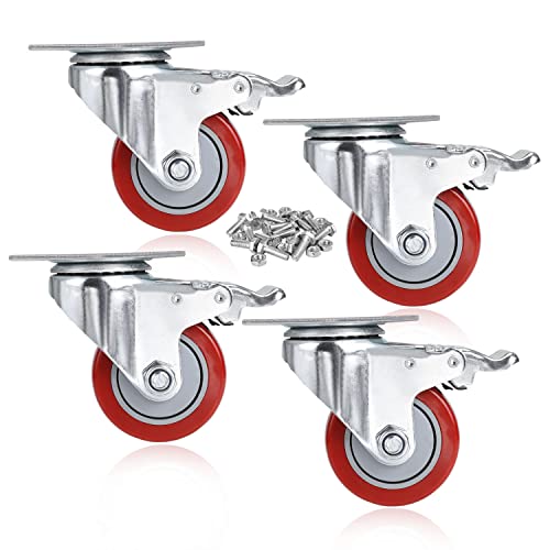 COOCHEER Casters, 3'' Heavy Duty Casters, Load 1200lbs, Lockable Bearing Caster Wheels with Brakes, 360-degree Top Plate Swivel Casters for Furniture and Workbench, Casters Set of 4, Red (Free Screws)