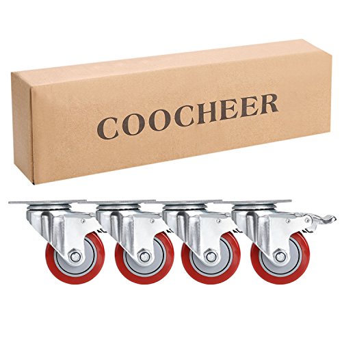 COOCHEER Casters, 3'' Heavy Duty Casters, Load 1200lbs, Lockable Bearing Caster Wheels with Brakes, 360-degree Top Plate Swivel Casters for Furniture and Workbench, Casters Set of 4, Red (Free Screws)