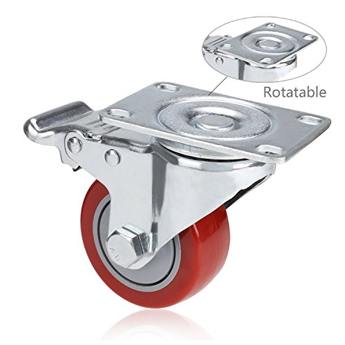 COOCHEER Casters, 3'' Heavy Duty Casters, Load 1200lbs, Lockable Bearing Caster Wheels with Brakes, 360-degree Top Plate Swivel Casters for Furniture and Workbench, Casters Set of 4, Red (Free Screws)