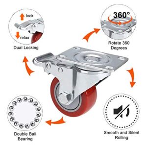 COOCHEER Casters, 3'' Heavy Duty Casters, Load 1200lbs, Lockable Bearing Caster Wheels with Brakes, 360-degree Top Plate Swivel Casters for Furniture and Workbench, Casters Set of 4, Red (Free Screws)