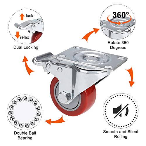 COOCHEER Casters, 3'' Heavy Duty Casters, Load 1200lbs, Lockable Bearing Caster Wheels with Brakes, 360-degree Top Plate Swivel Casters for Furniture and Workbench, Casters Set of 4, Red (Free Screws)