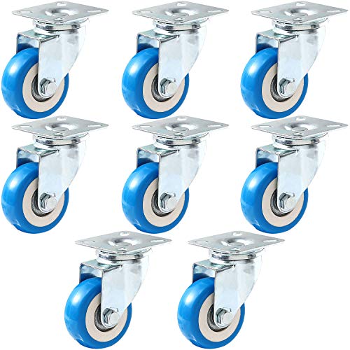 8 Pack Caster Wheels Swivel Plate Casters On Blue Polyurethane Wheels PU