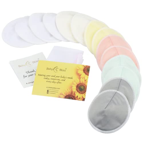 Organic Bamboo Nursing Pads - 14 Washable Pads with Wash and Storage Bags - Breastfeeding Nipple Pads for Maternity - Reusable Breast Pads for Breastfeeding (Pastel Touch, Large 4.7”)