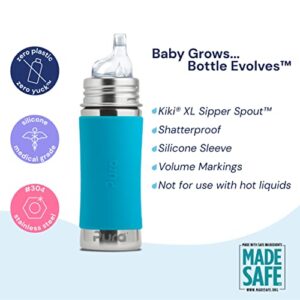 Pura Kiki 11oz/325ml Stainless Steel Sippy Cup Bottle w/Sleeve, Plastic-Free, MadeSafe Certified, Medical-Grade XL Silicone Sipper Spout Fast Flow Rate for Kids, Toddlers, Babies & Infant - Aqua