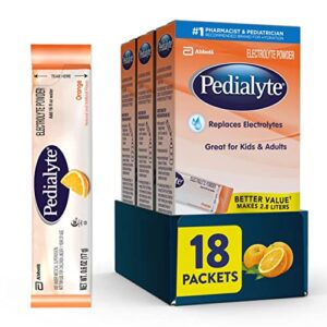 pedialyte electrolyte powder packets, orange, hydration drink, 18 single-serving powder packets