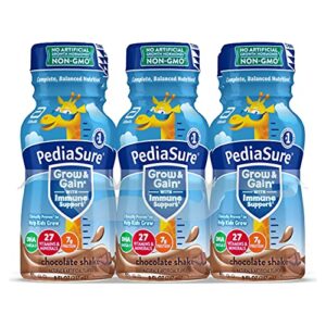 pediasure grow & gain with immune support, kids protein shake, 27 vitamins and minerals, 7g protein, helps kids catch up on growth, non-gmo, gluten-free, chocolate 8 fl oz (pack of 6)