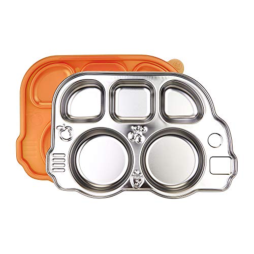 Innobaby Stainless Bus Plate with Airtight Sectional Lid, The Original, Leak-Resistant Divided Platter, Mom Invented Fun Shape Plate Din Din SMART for Babies, Toddlers and Kids, BPA Free Plate, Orange