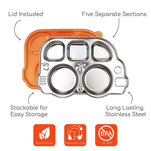 Innobaby Stainless Bus Plate with Airtight Sectional Lid, The Original, Leak-Resistant Divided Platter, Mom Invented Fun Shape Plate Din Din SMART for Babies, Toddlers and Kids, BPA Free Plate, Orange