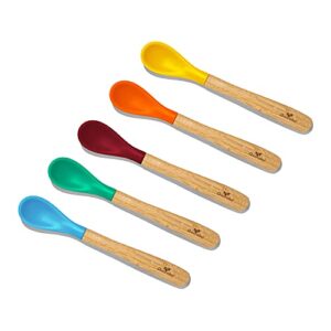 avanchy® infant baby spoons bamboo and silicone set, self feeding food utensils, 4 months baby led weaning, 5 pack, with blue spoon