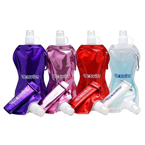 Activiva USA Merchant | Collapsible Reusable Water Bottle with Carabiner Clip Light Weight Leak Proof Foldable Drinking Water Bottle Non Toxic BPA Free - 16.9 oz 4 Pack (Pink, Purple, Red, Clear)