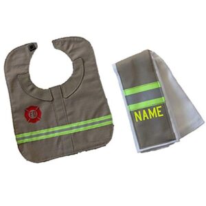 fis firefighter personalized tan baby burp rag and bib set