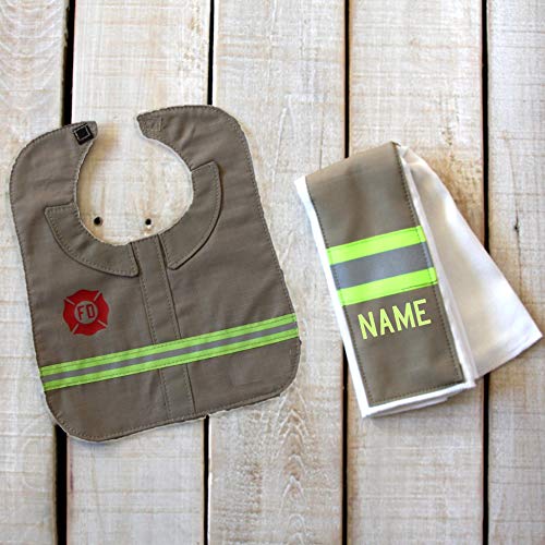 FIS Firefighter Personalized Tan Baby Burp Rag and Bib Set