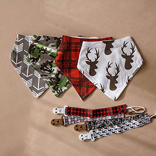 Stadela 100% Cotton Baby Bandana Drool Bibs for Drooling and Teething Nursery Burp Cloths 4 Pack Gift Set for Boys Hunting Adventure with Deer Antler Arrows Plaid Woodland Forest Animal