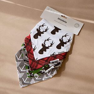 Stadela 100% Cotton Baby Bandana Drool Bibs for Drooling and Teething Nursery Burp Cloths 4 Pack Gift Set for Boys Hunting Adventure with Deer Antler Arrows Plaid Woodland Forest Animal