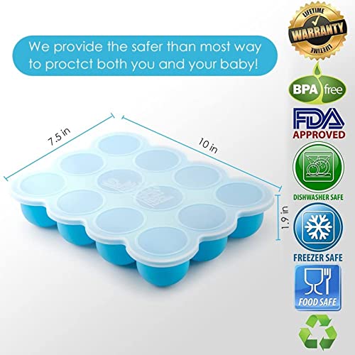 Samuelworld Baby Food Storage Container, 12 Portions x 2.5oz - BPA Free Silicone Freezer Tray with Clip-On Lid for Breast Milk Storage, Homemade Baby Food, Vegetable & Fruit Purees - Blue