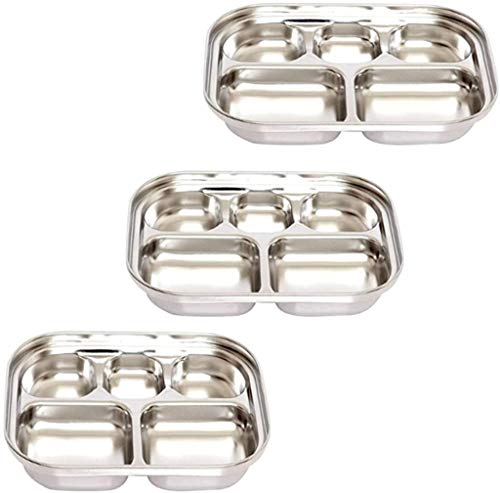 Stainless Steel Divided Tray Divided Dinner Snack Plate Kids Baby Plate Diet Plate Diet Food Control Tray 5sections Set (247x183x36mm 3pack)