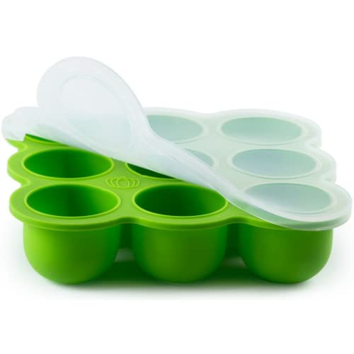 Silicone Baby Food Storage Container and Freezer Tray - Food-Grade Silicone Mold with Clip-On Lid - 9 x 2.5 Oz Easy Out Portions (Green)