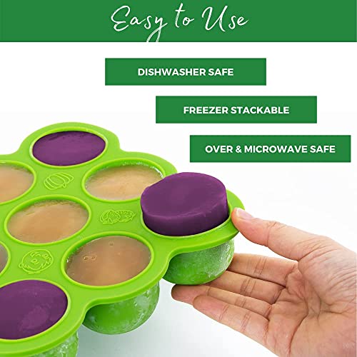 Silicone Baby Food Storage Container and Freezer Tray - Food-Grade Silicone Mold with Clip-On Lid - 9 x 2.5 Oz Easy Out Portions (Green)