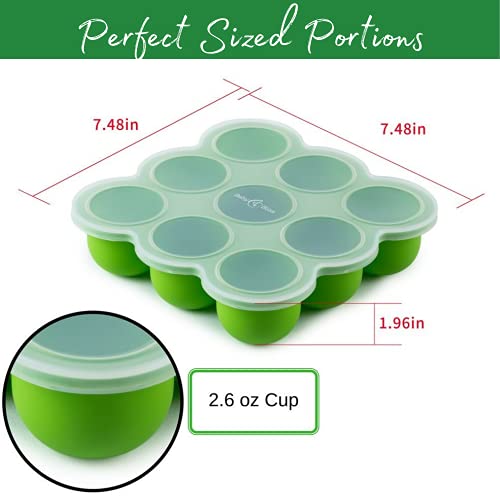 Silicone Baby Food Storage Container and Freezer Tray - Food-Grade Silicone Mold with Clip-On Lid - 9 x 2.5 Oz Easy Out Portions (Green)